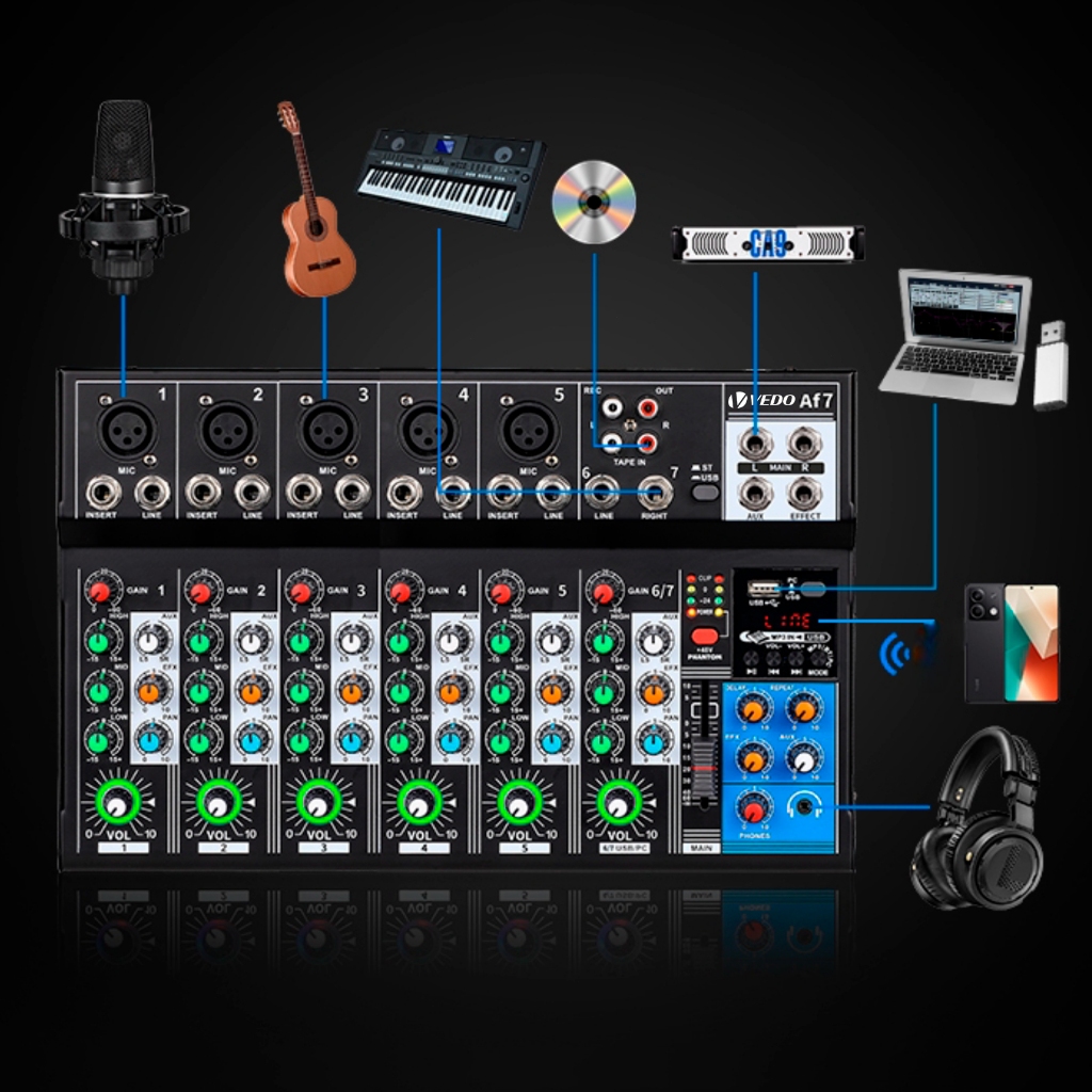 VEDO Mesa de som 7/4 Canais AF7/AF4 Mixer Com Placa de som integrada ...