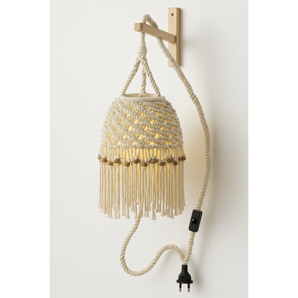 Luminária Abajur Macramê Boho Chic Com Suporte de Madeira E Luz Led ...