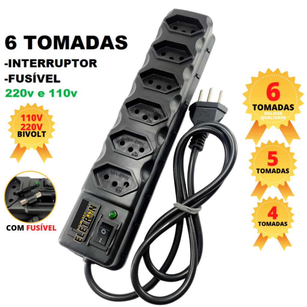FILTRO DE LINHA RÉGUA DE TOMADAS 6, 5, 4 e 3 tomadas tripolar 10 Amperes com fusível | Shopee Brasil