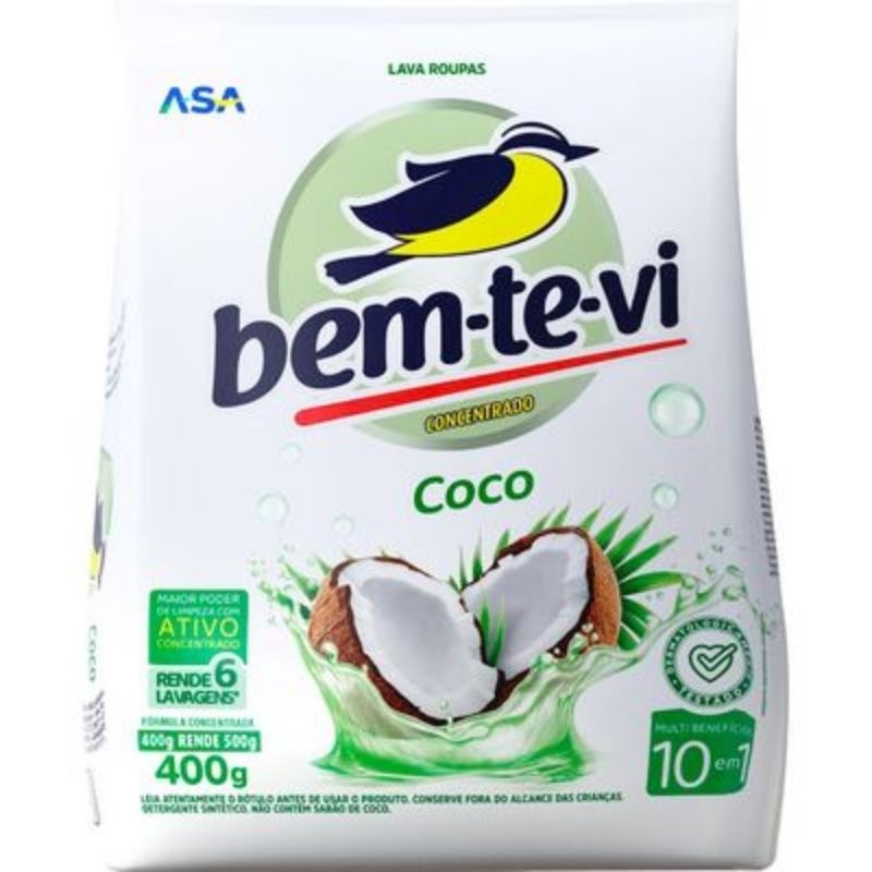 Sabão em pó de coco Bem-te-vi 400g 10em1 Lava roupas detergente branco ...