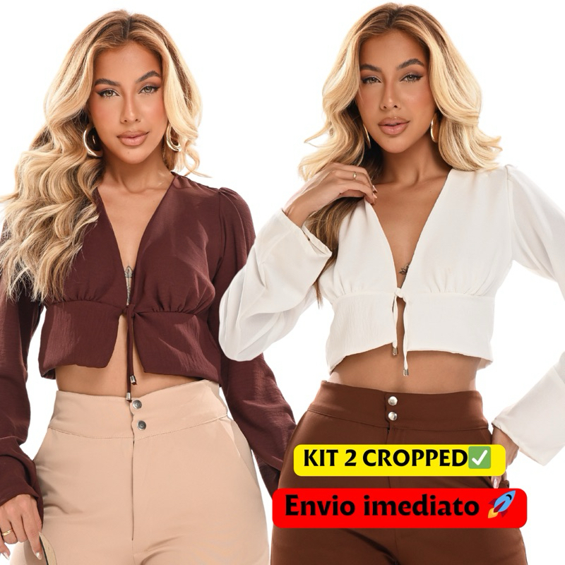 KIT 2 Blusa cropped boho chic manga longa decote manga longa blusa blogueira estilosa moda femin ...