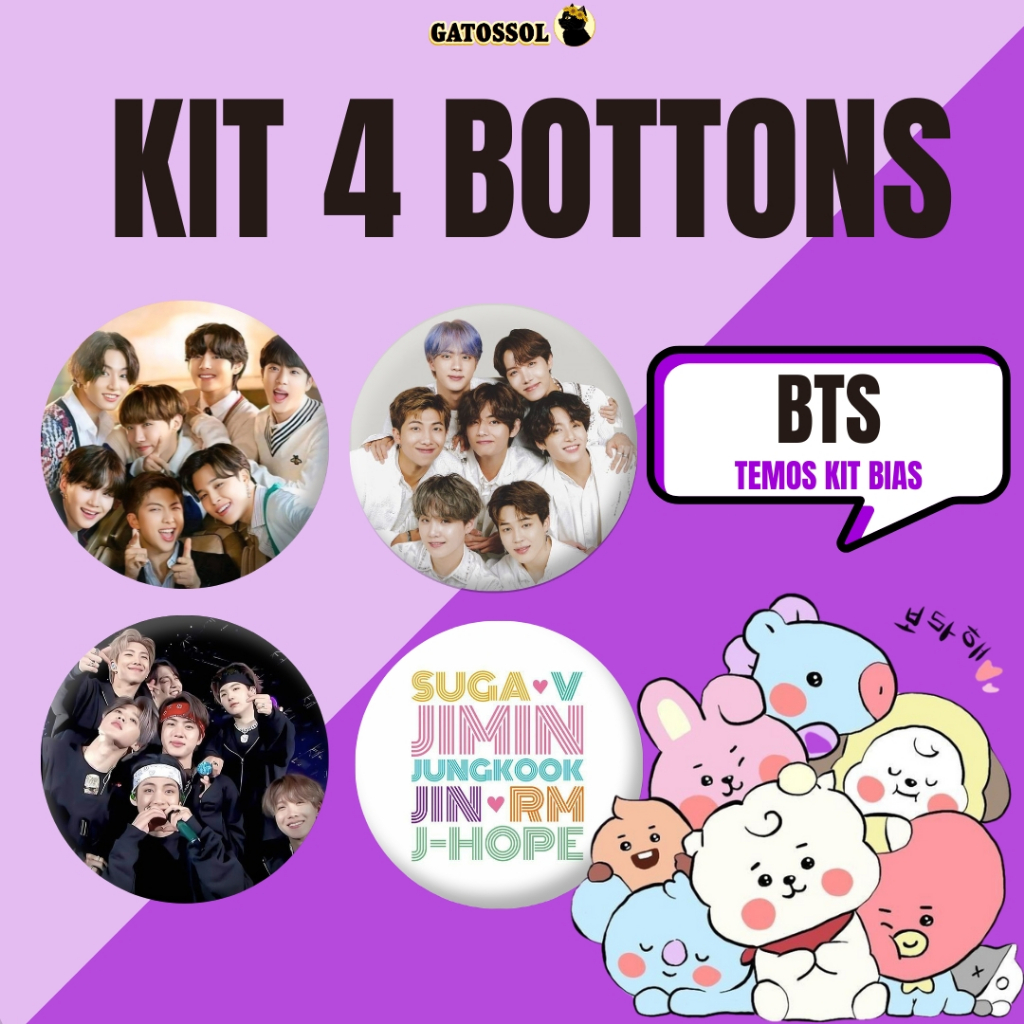 KIT BTS 4 Bottons 4,5CM Broche ARMY KPOP-IDOL-COREANO- K-POP Bottom ...