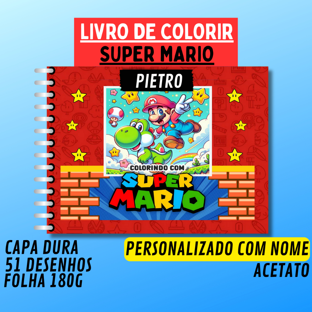 Livro de Colorir Super Mario Personalizado com Nome 51 Folhas A5 180g ...