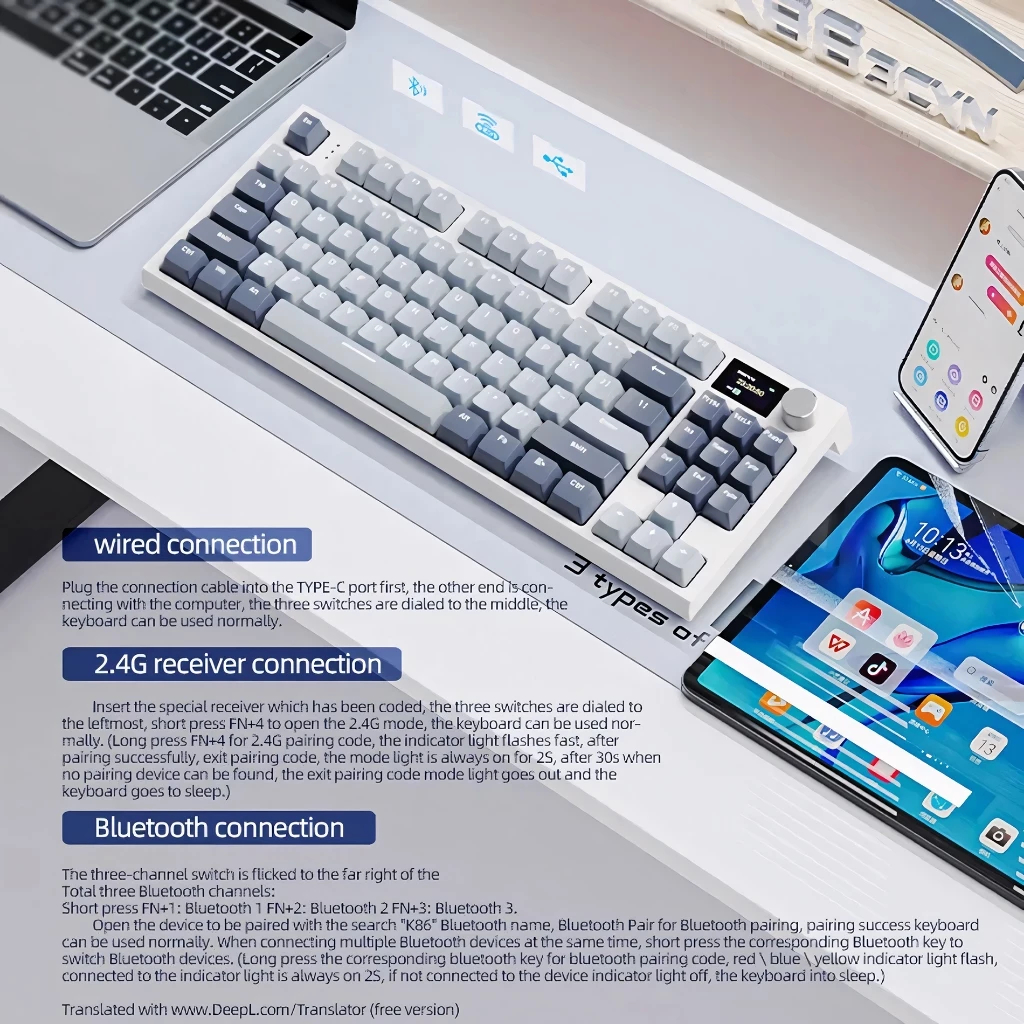 Teclado Mecânico Attack Shark K86 RGB, Com Tela, Sem Fio Bluetooth/2.4g TF, Hot-Swappable, USB ...