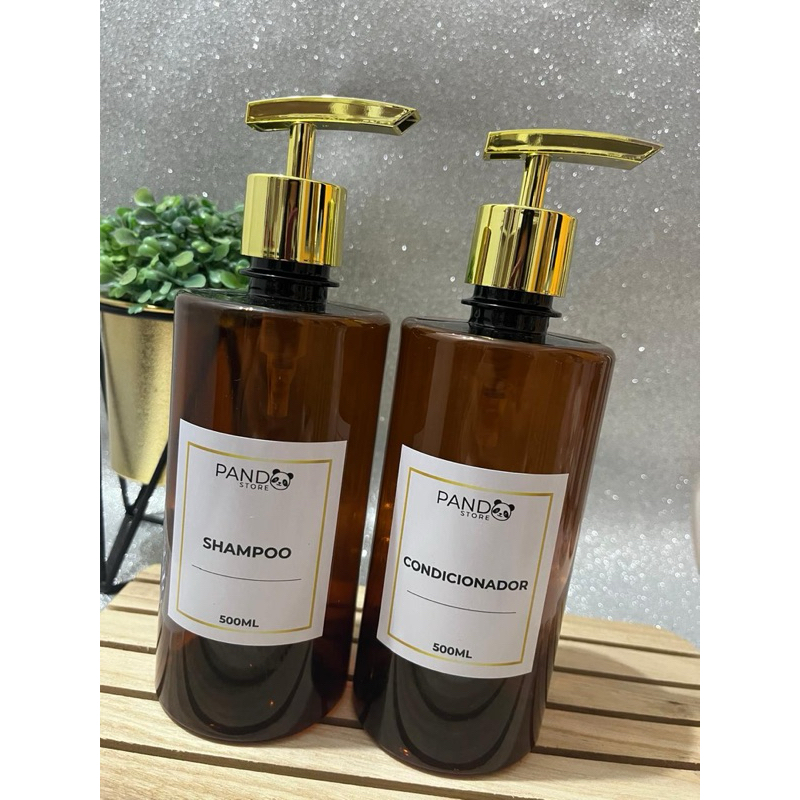 Kit Banheiro 02 Frasco Âmbar LUXO - PUMP DOURADO - Shampoo e Cond ...