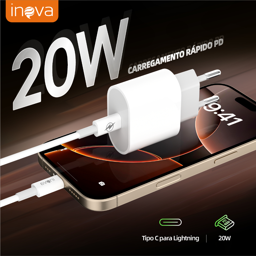 Inova Kit Turbo 20W + Cabo 1m | Carregador Ultrarrápido Compatível ...