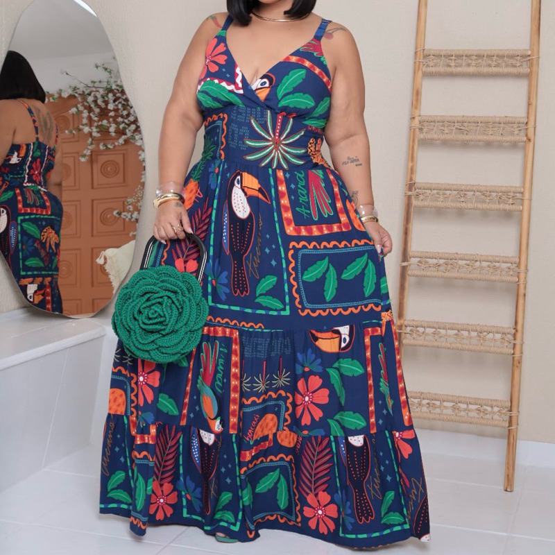 Vestido longo alça plus size forrado 50/54 - Liane | Shopee Brasil