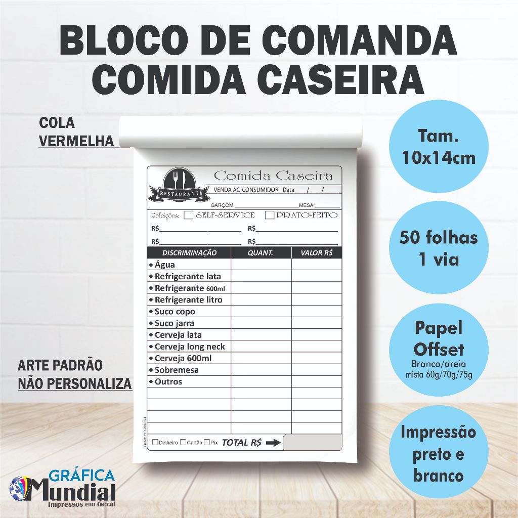 Comanda Comida Caseira 10x14cm blocos 50folhas Lanchonete Barzinho ...