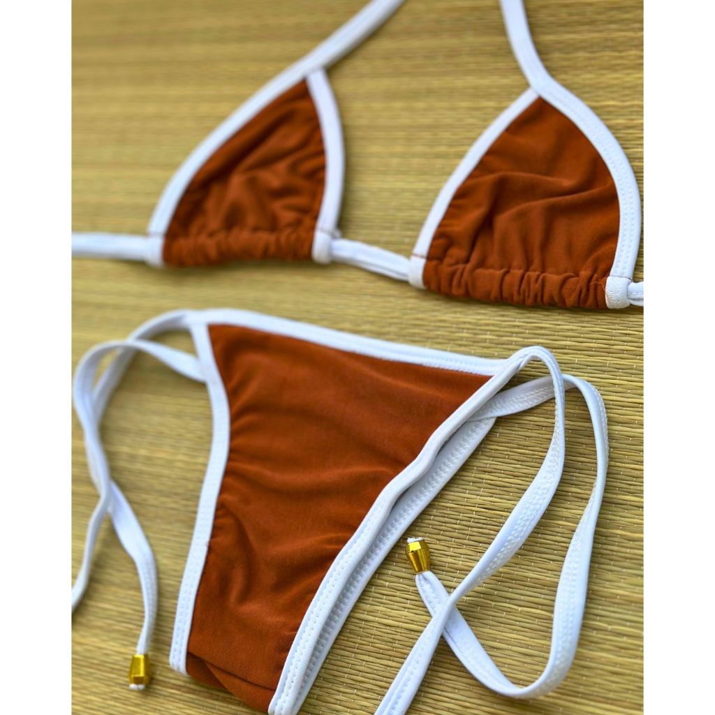 Biquini Marrom E Branco Tamanho Único Veste 34 A 40 Biquini Cortininha Marquinha De Fita