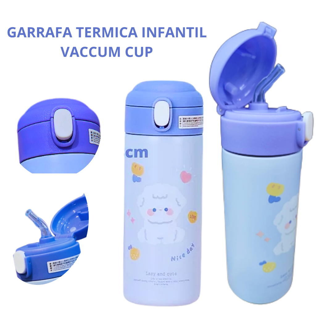 Garrafa Termica com Canudo Infantil Escolar Vaccum Cup 380ml Inox - Azul - Ovelha/Ovelhinha ...
