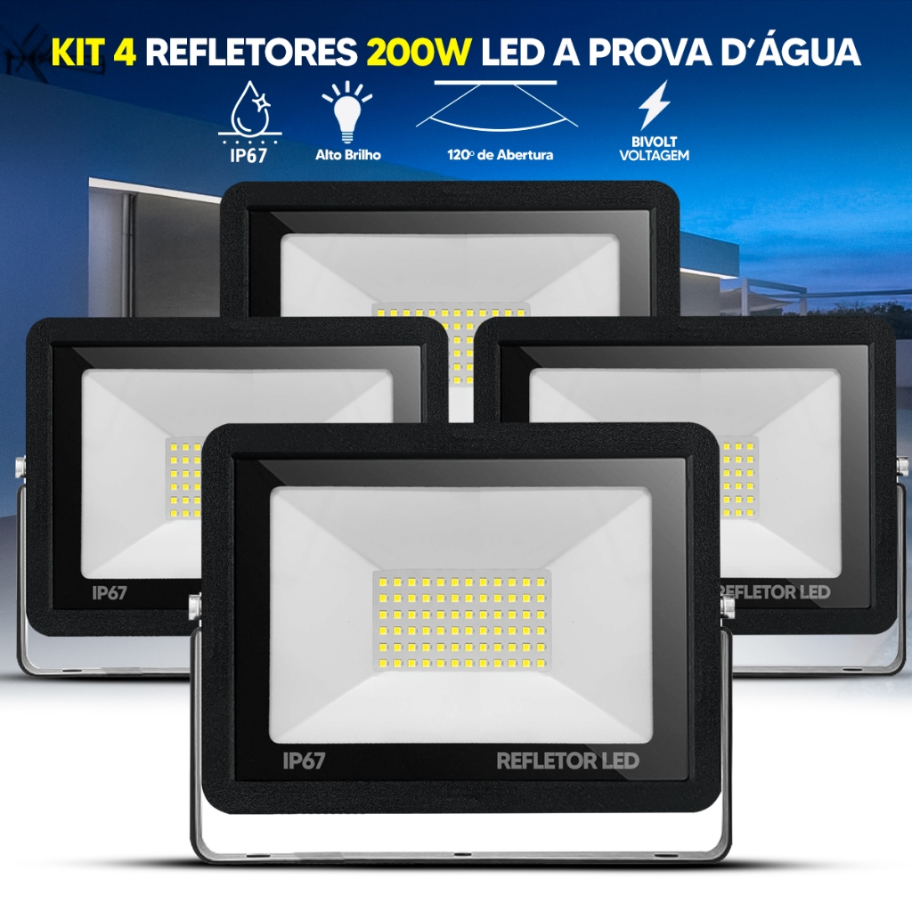Kit 4 Refletores LED 200W Holofote Slim Bivolt IP67 Branco Frio 6500K Alta Potência à Prova D ...