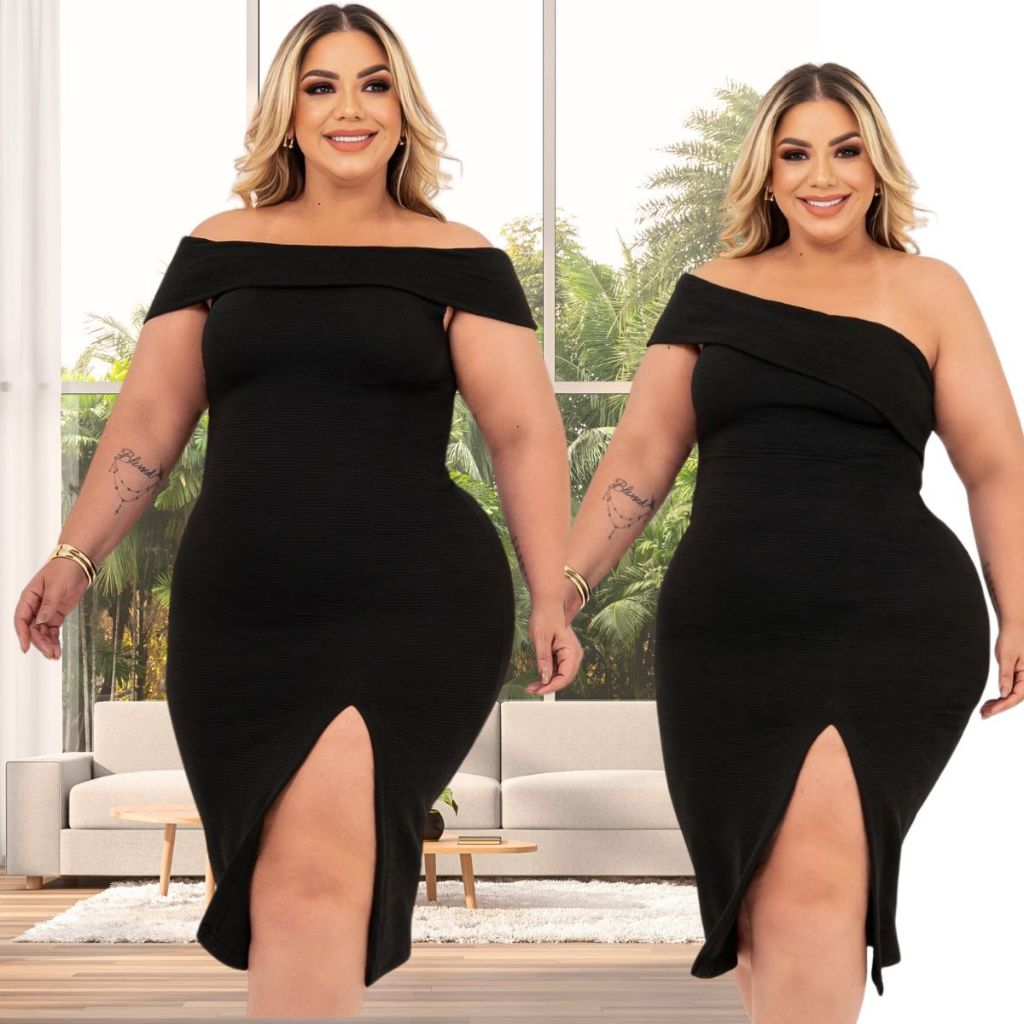 Vestido Plus Size Midi Acinturado Modelador Fenda Lateral Elegante ...