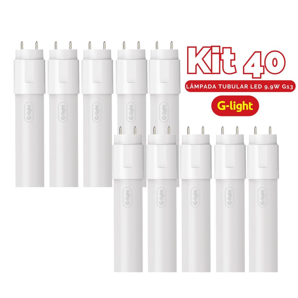 Kit 40 Lâmpadas Led Tubular T8 Bivolt 9,9w 60cm G13 Vidro 6500k Branco Frio(LUZ BRANCA) - G ...