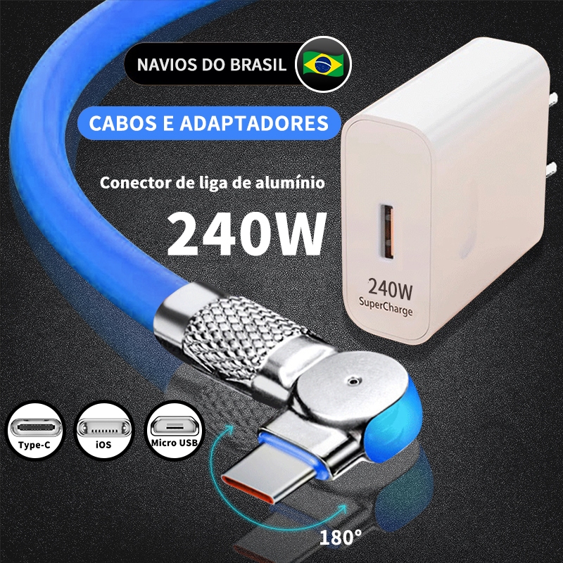 Carregador Cabo Tipo C V8 Micro USB Para iOS Carregamento Rapido Silicone Rotativo 180° 1,5M ...