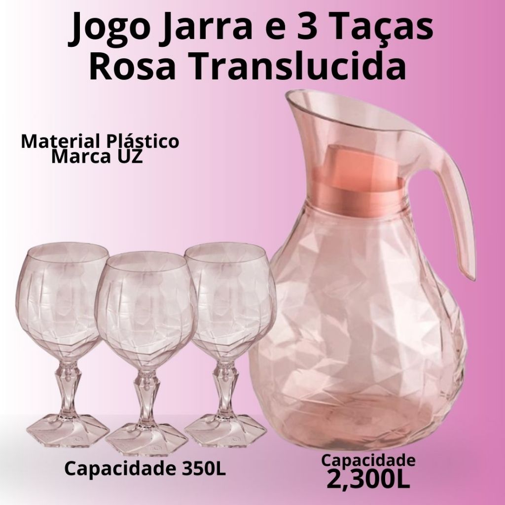 Kit Jarra com tampa e 3 Taças Tango Grande Rosa Translucida Plastico ...