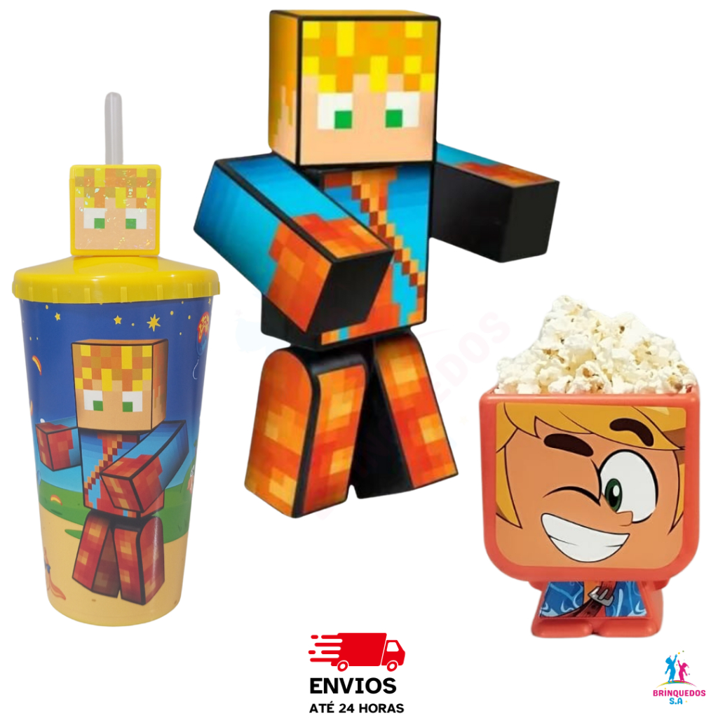 Kit Balde de Pipoca + Boneco Lopers 25 cm + Copo Cabeça Quadrada 550ml ...
