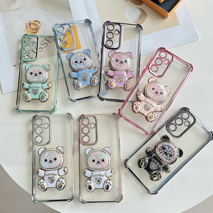 Capinha Transparente Anti-Impacto Borda Colorida com Suporte De Urso Para Samsung A14,A34,A54 ...