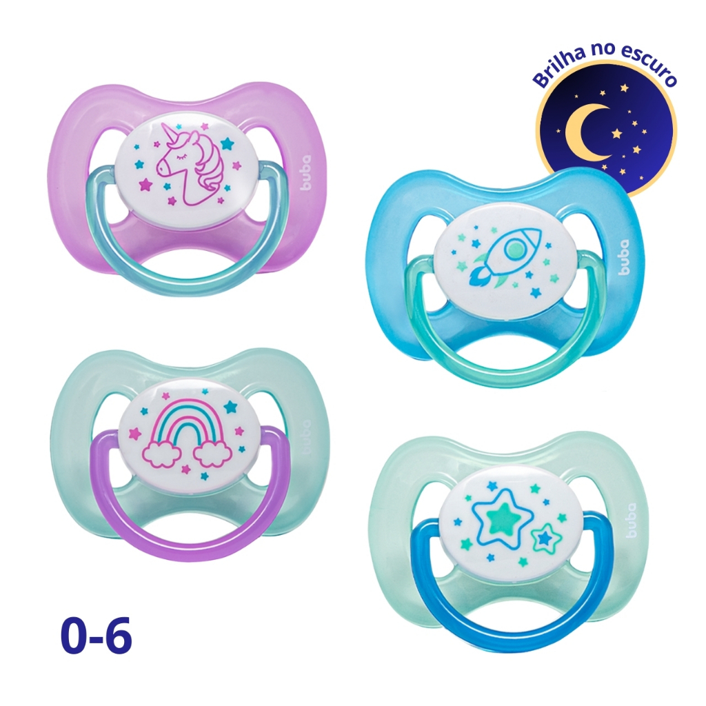 Kit Chupeta Silicone Bebê Buba Comfort 0-6 meses Dupla Brilha no Escuro ...