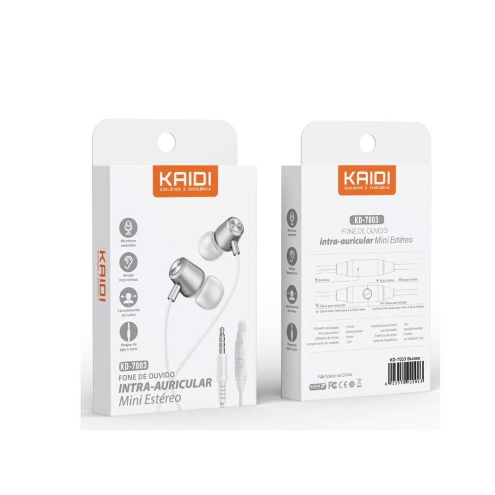 Fone Kaidi KD-7003 Intra-Auricular Com Fio Branco. | Shopee Brasil