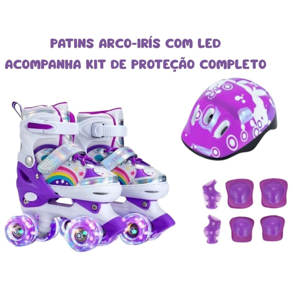 Patins Infantil Arco Íris Roxo 4 Rodas Ajustável com luz de LED Sem e ...