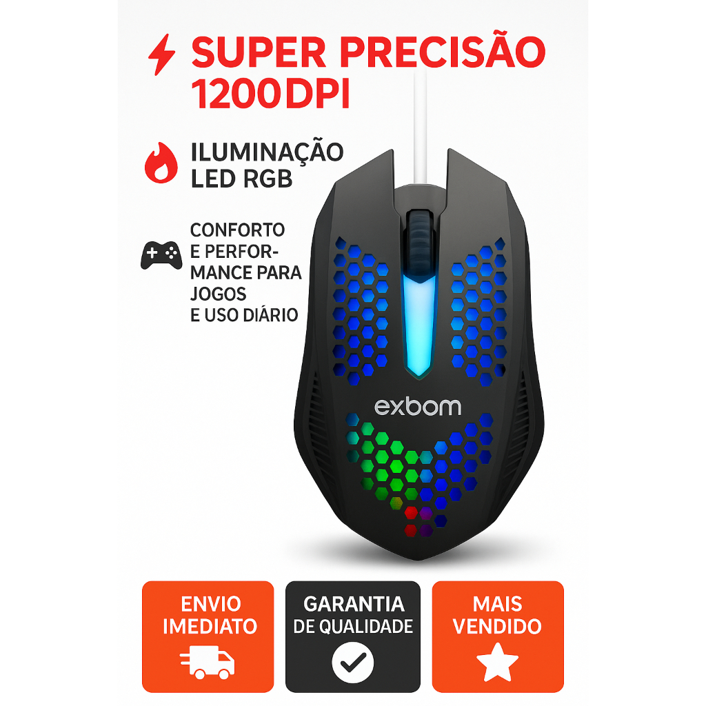 Mouse Gamer RGB 7 Cores, Chip Profissional, Tempo Resposta 125-1000Hz ...