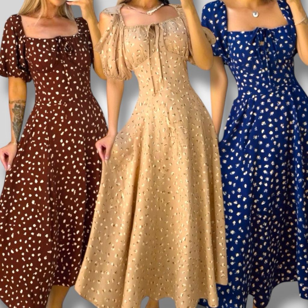 Vestido Longo Camponesa Floral Preto – Alças Ajustáveis, Amarração no ...