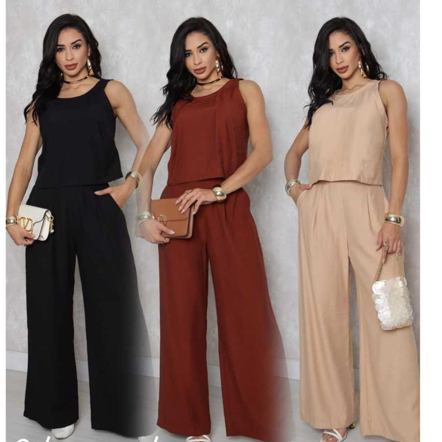 Conjunto Alfaiataria Feminino Social Calça Pantalona + Blusa Regata ...