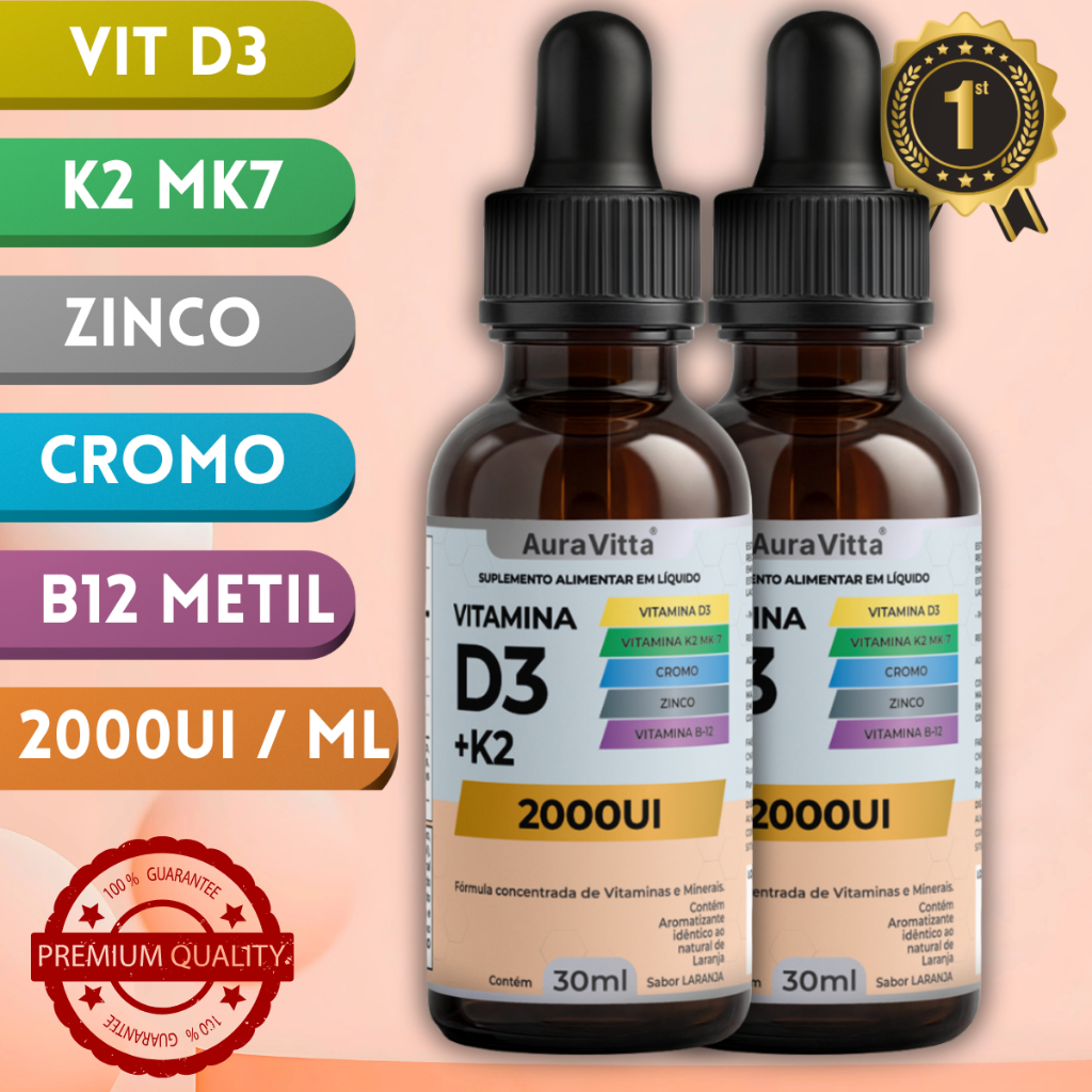 Vitamina D3 + K2 MK7 Concentrada 60ml AuraVitta - Saúde Óssea e Imunidade - VItamina D Original ...