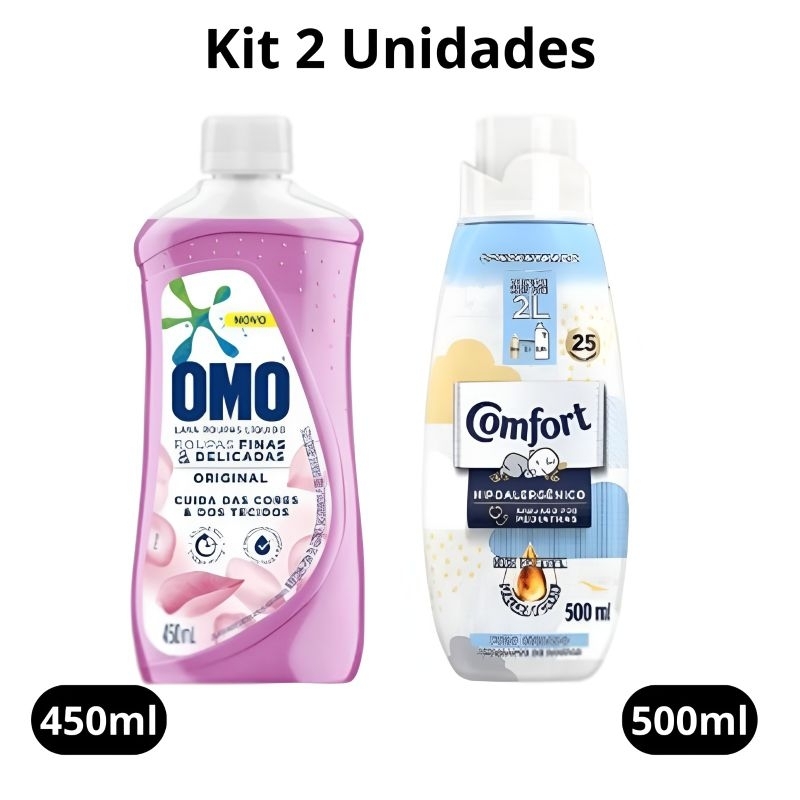 Kit 1 Sabão Líquido Omo Roupas Finas 450ml + 1 Amaciante Comfort Puro ...