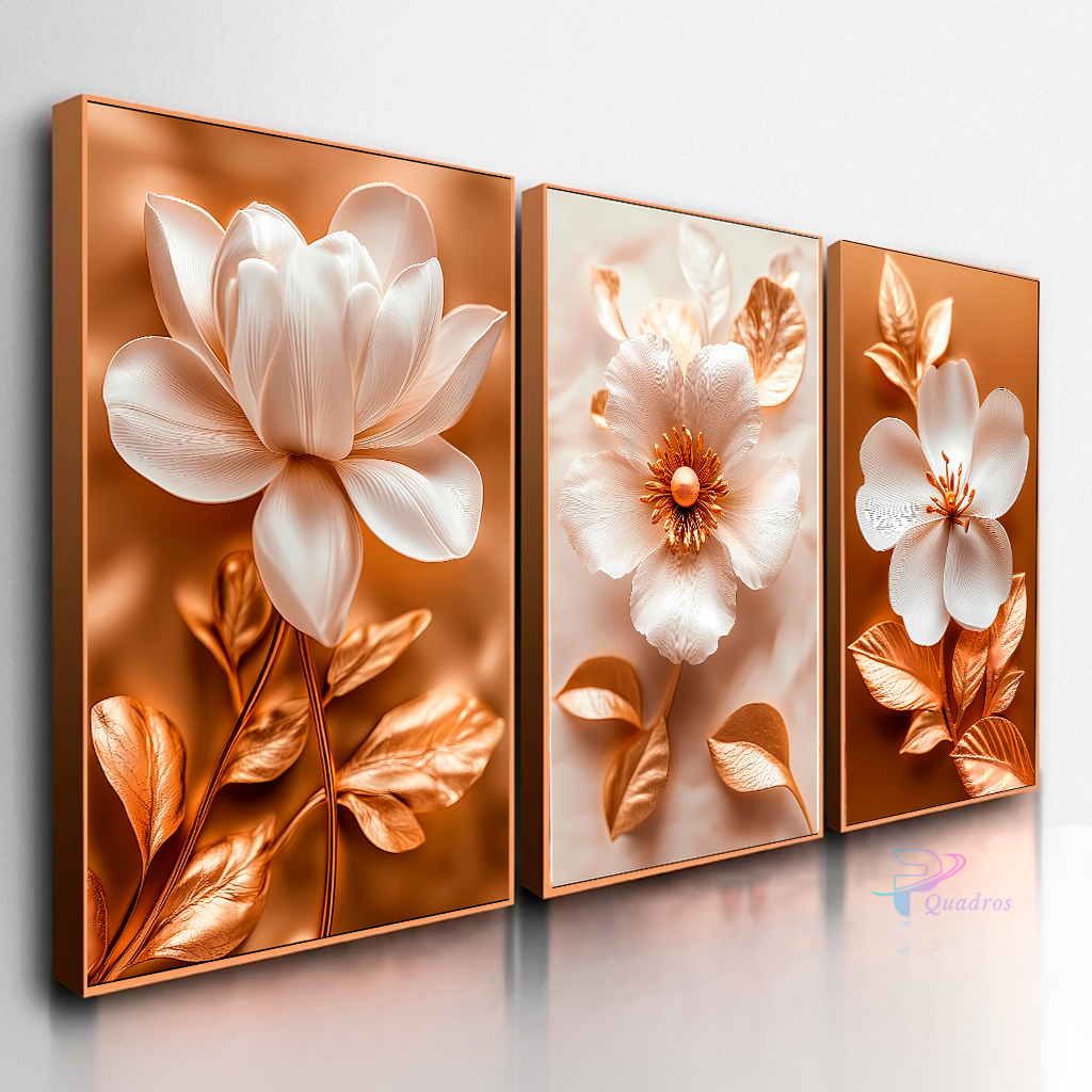 Quadros Decorativos 3 Peças Flor Pétalas e Folhas Em Tom De Cobre Casa ...