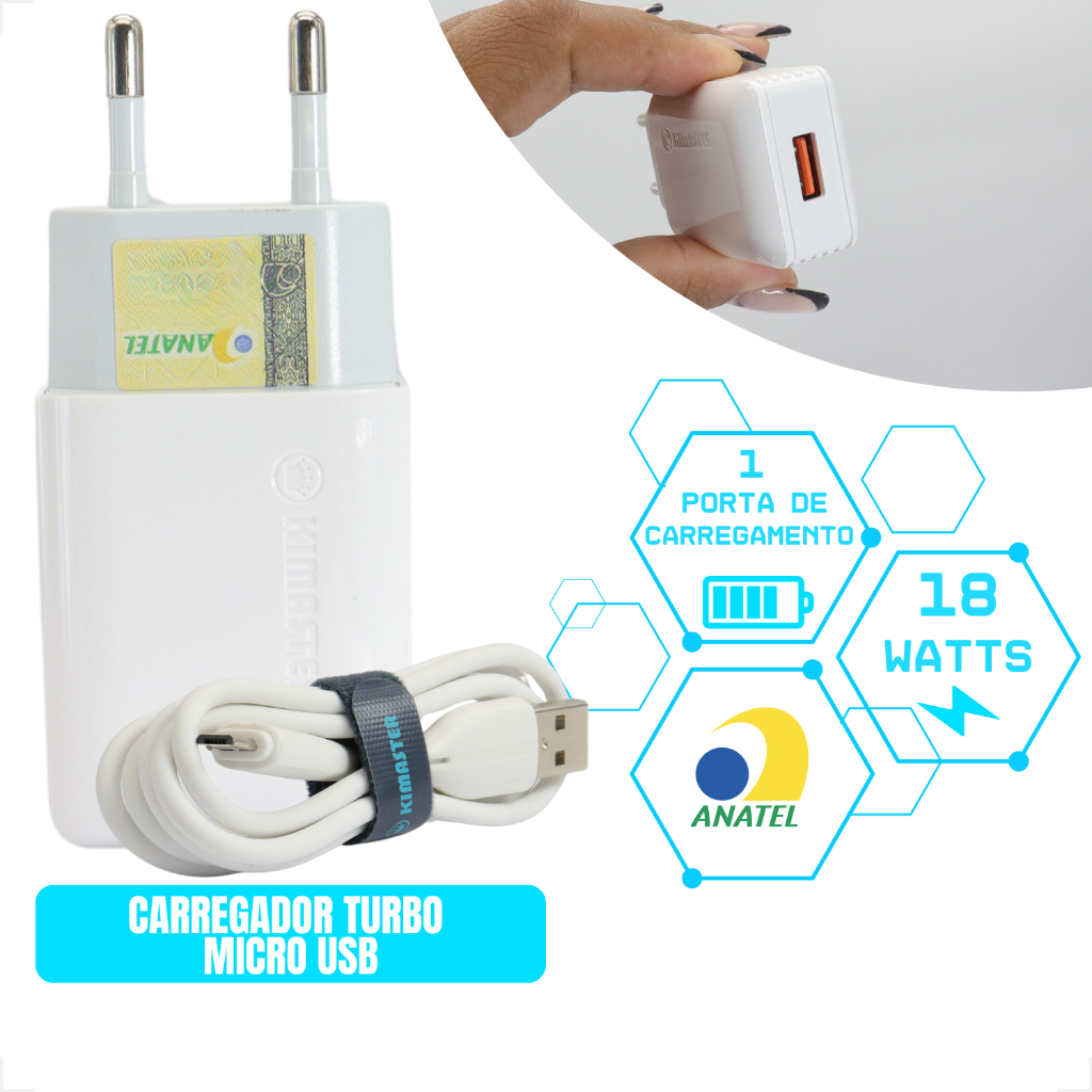 Carregador de Celular Turbo 1 metro 18W 3A V8 Micro USB ANATEL Bivolt ...