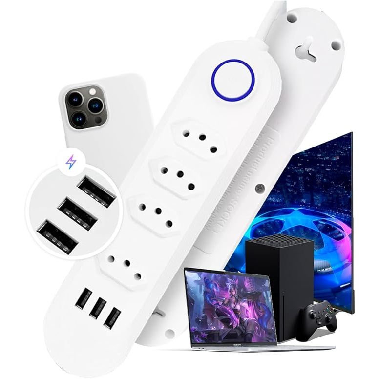 Extensão Elétrica 2m Com 4 Tomadas e 3 Entradas USB Filtro Linha Régua 10A Botão Liga e Desliga ...