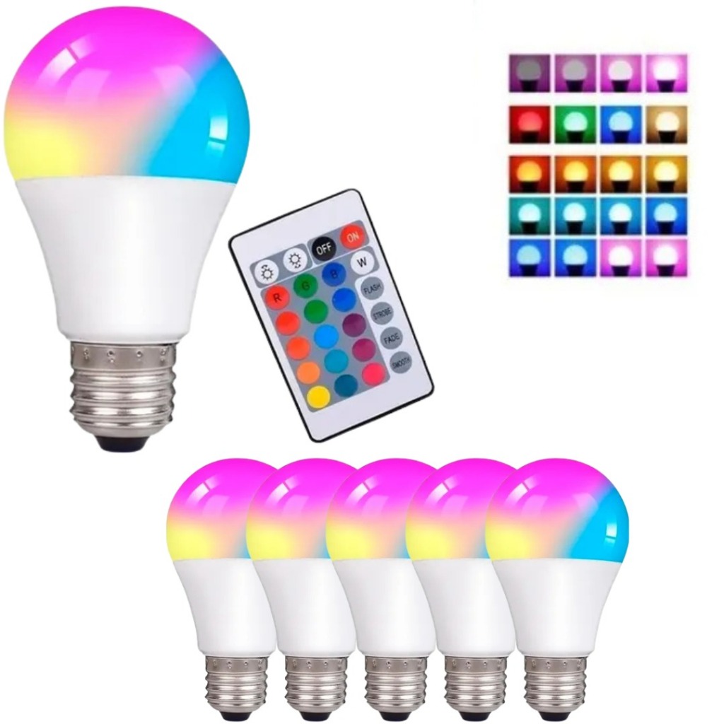 Kit 5 Lâmpada Bulbo Led Rgb 5w E27 Bivolt Colorida Controle | Shopee Brasil