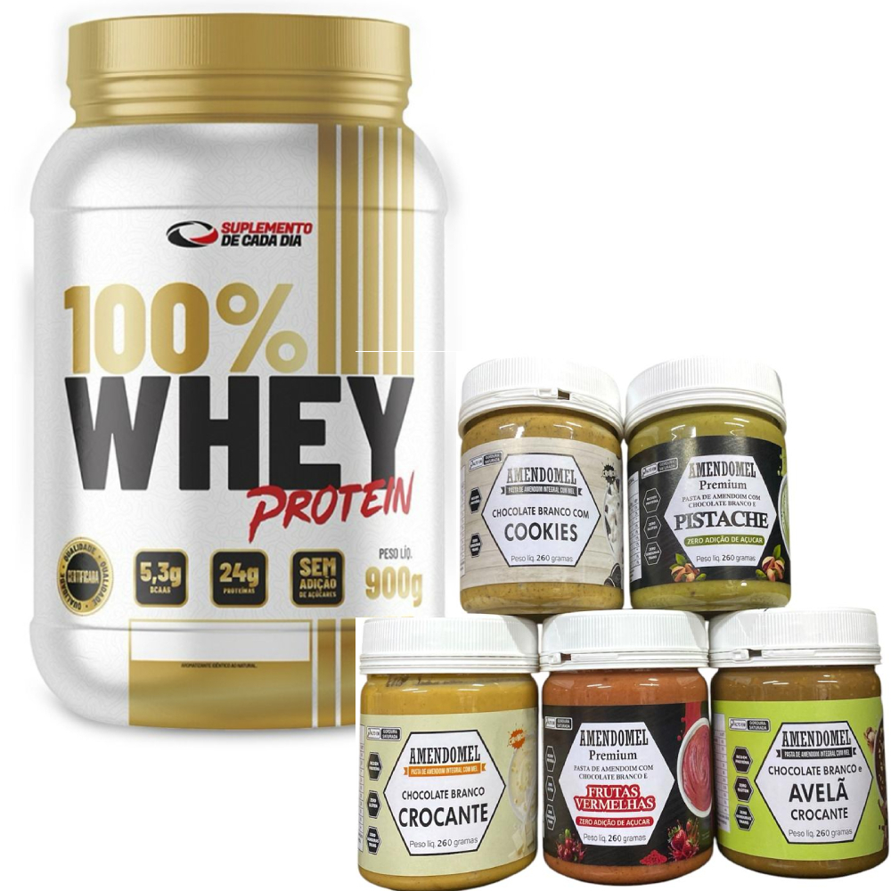 100% WHEY PROTEIN 900G + PASTA DE AMENDOIM 260G AMENDOMEL | Shopee Brasil