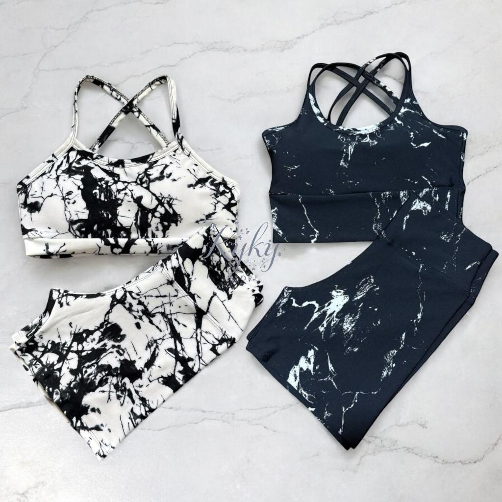 Kit 2 Conjunto Marmorizado Feminino Short Top Bojo Removível Tie Dye Fitness Academia Ciclismo ...