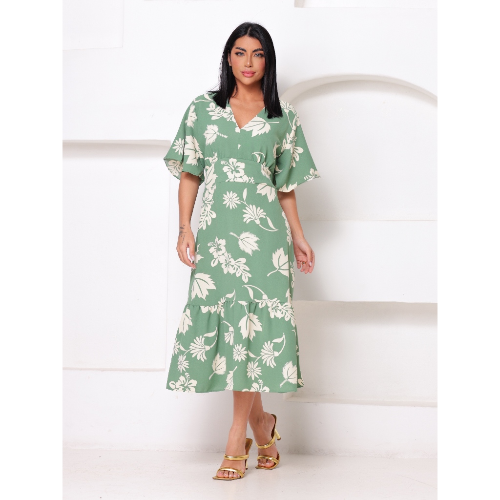 Vestido Midi Manga Curta Acinturado decote V Estampado | Shopee Brasil