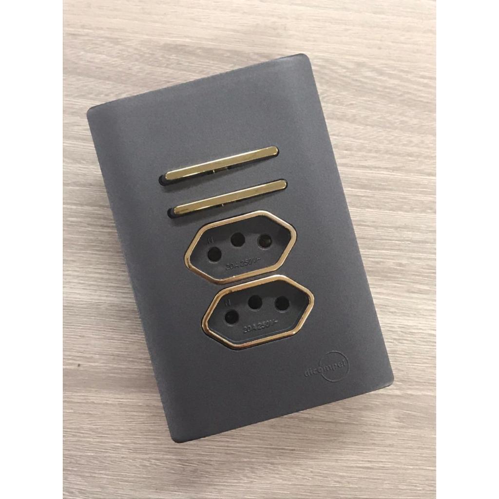 CJ INTERRUPTOR DUPLO SIMPLES + TOMADA DUPLA 20A (ESPECIAL) 4X2 - DICOMPEL NOVARA PRETO GRAFITE ...