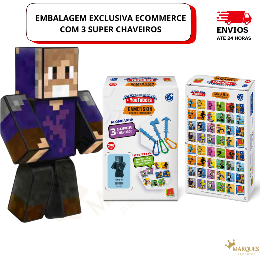Boneco Tonigon 25 cm Gamer Youtubers Minecraft Com 3 Chaveiros Original ...