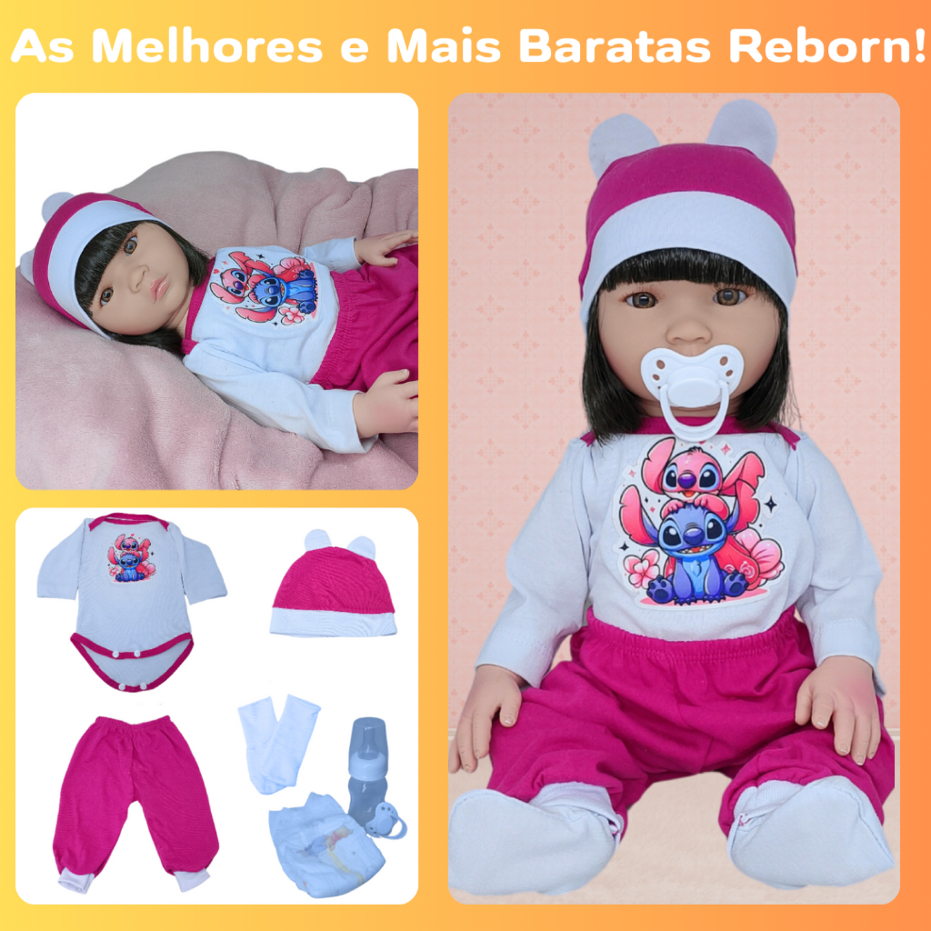 Boneca Bebê Reborn (R) Stitch Realista Menina Silicone Olhos Castanhos ...