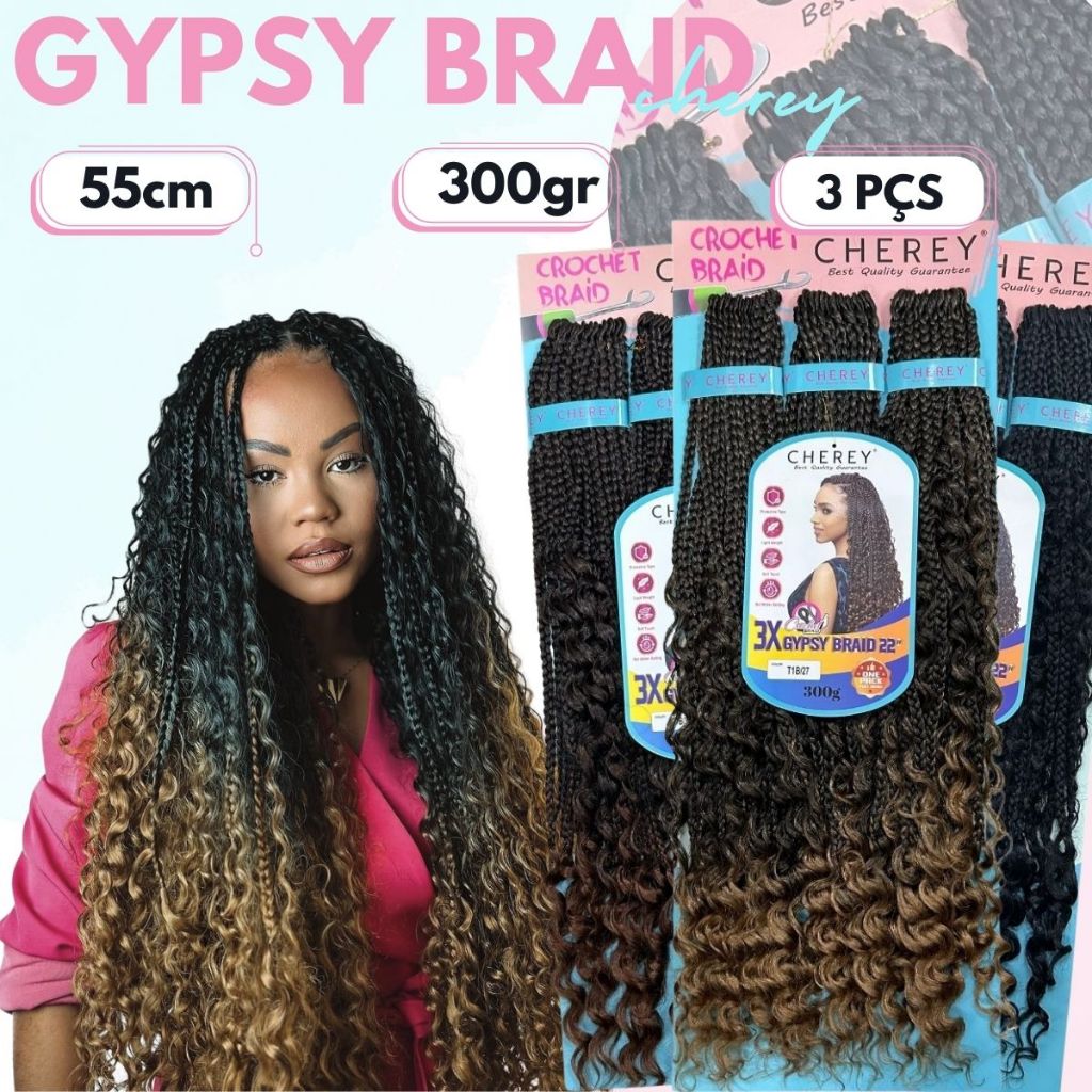Cherey Cabelo Gypsy Braid Crochet 300g Trança Pronta com Cachos 55cm ...