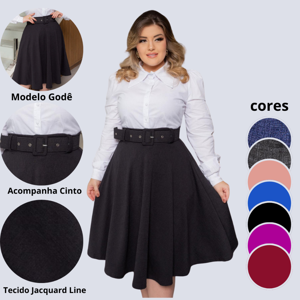 Saia Laveli Midi Godê Premium Acompanha Cinto Modalagem Que Veste Super ...