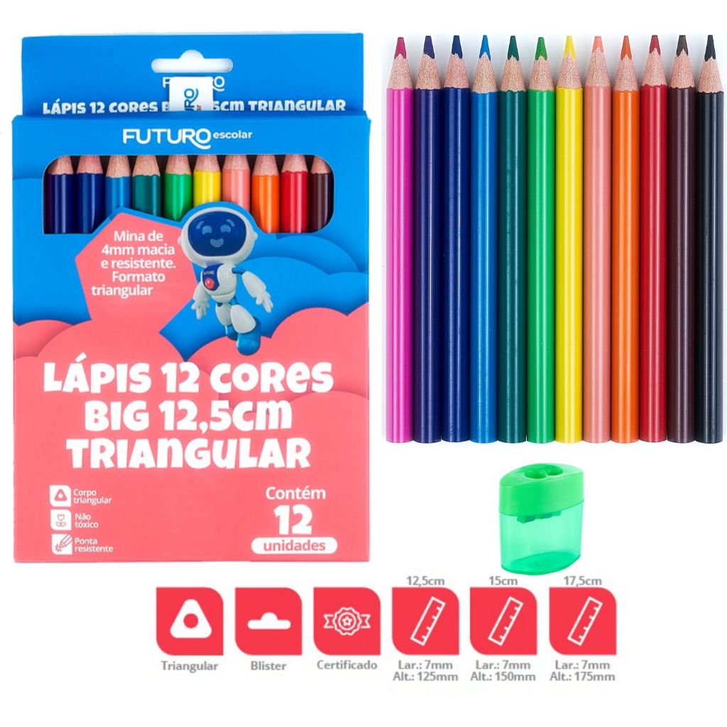 Lápis de cor Jumbo 12 cores BIG 12,5cm triangular + Apontador c ...