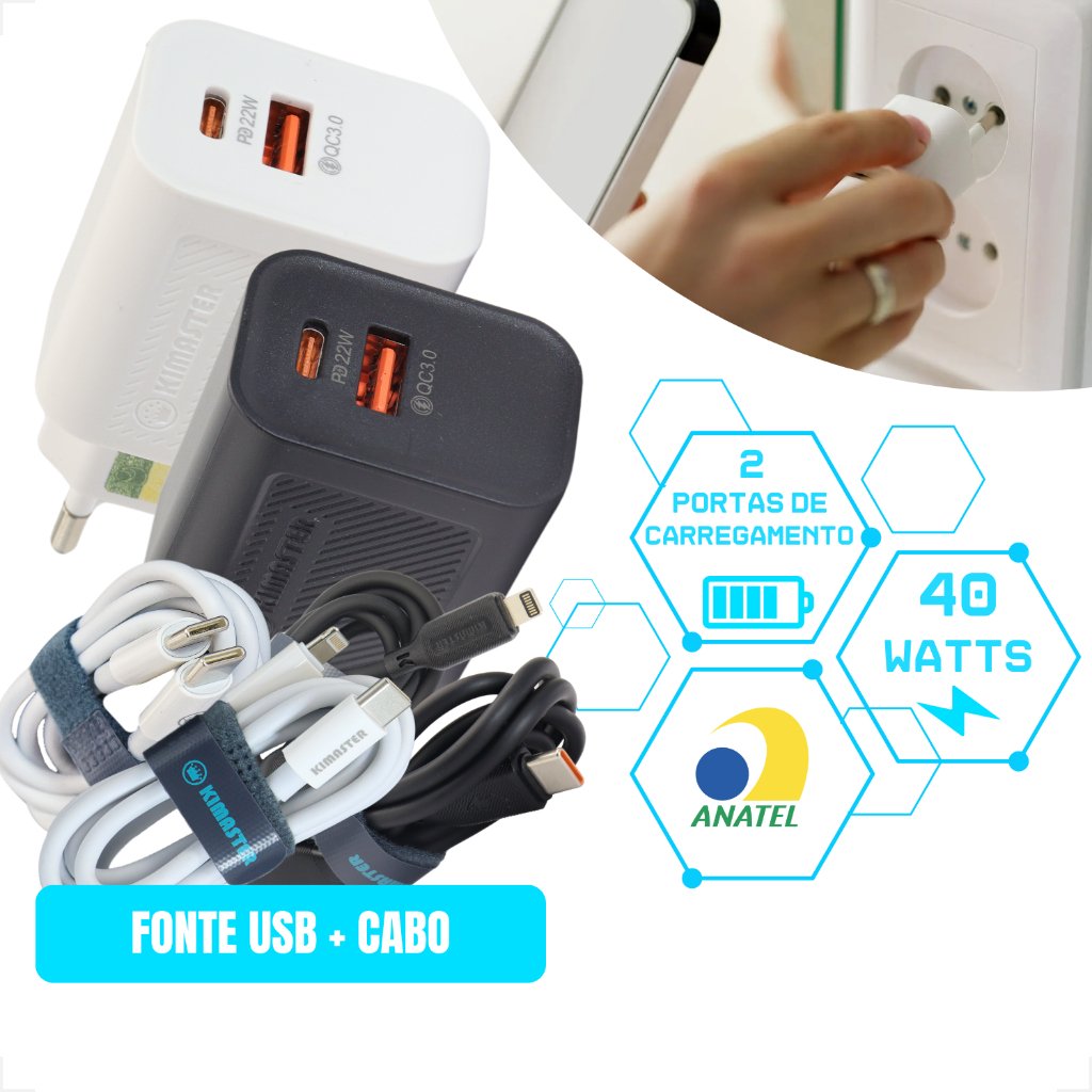 Carregador Celular SUPER RÁPIDO 40W KIMASTER ANATEL Cabo 3A Lightning Tipo-C USB Iphone Android ...