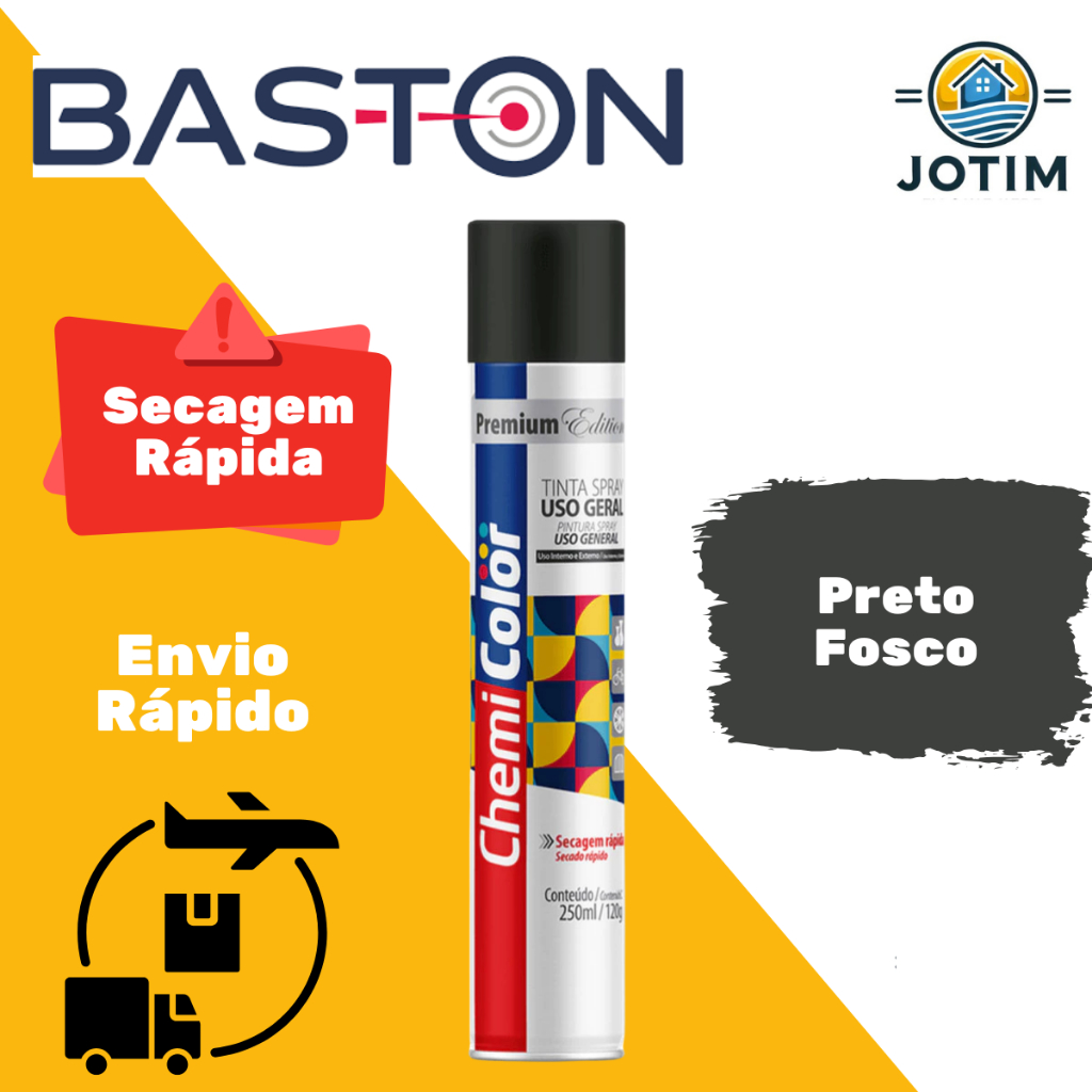 Tinta Spray Uso Geral Preto Fosco Baston 250ml Secagem Rápida Super Versátil | Shopee Brasil