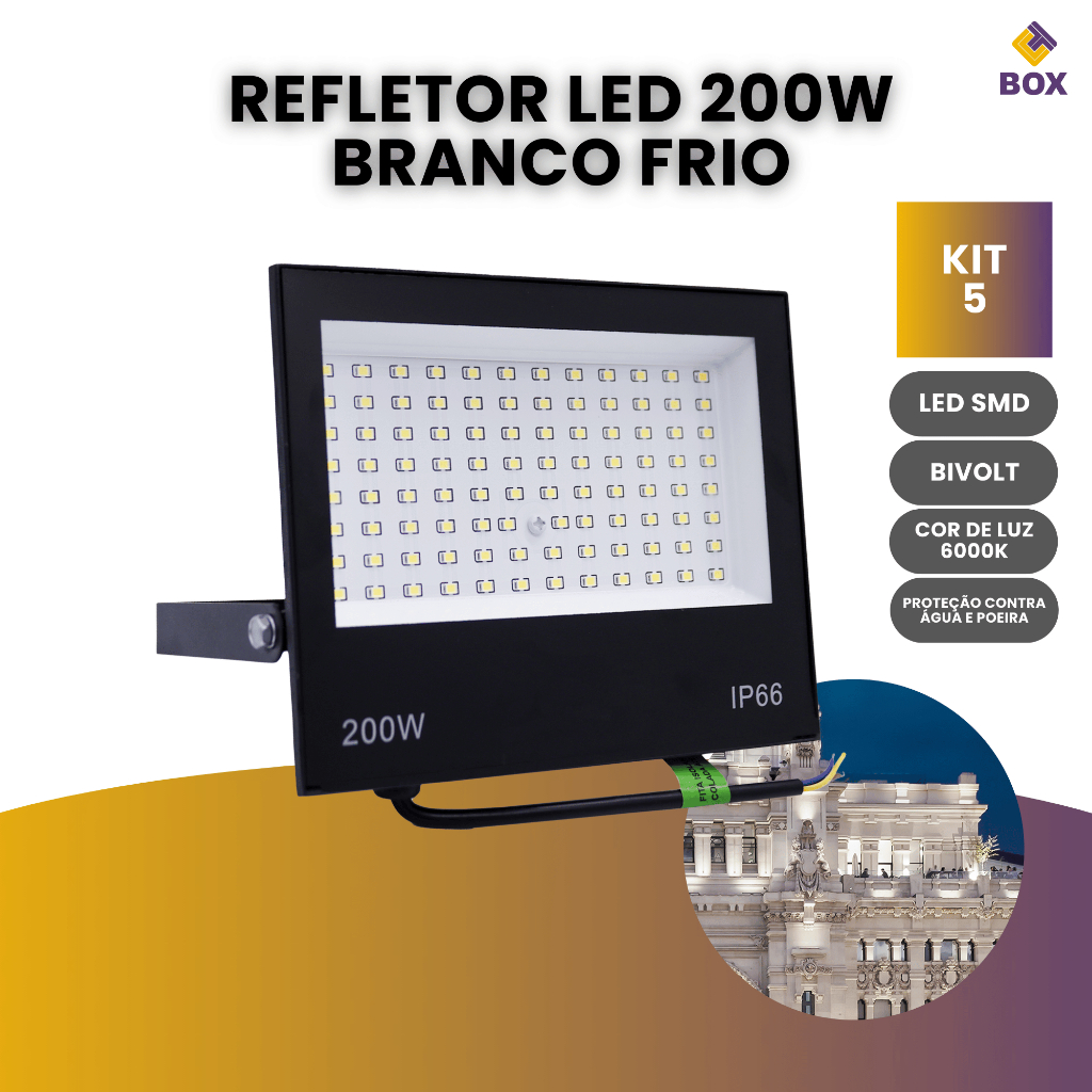 Kit 5 Refletor Ip66 Led Holofote 200w Bivolt Forte Luz Branco Frio | Shopee Brasil