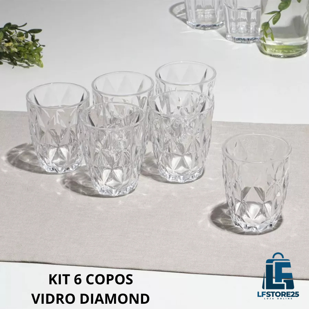 Jogo 6 Copos Vidro Diamond Grosso Luxo Versátil Diamante Cristal Água Suco Refrigerante Whisk ...