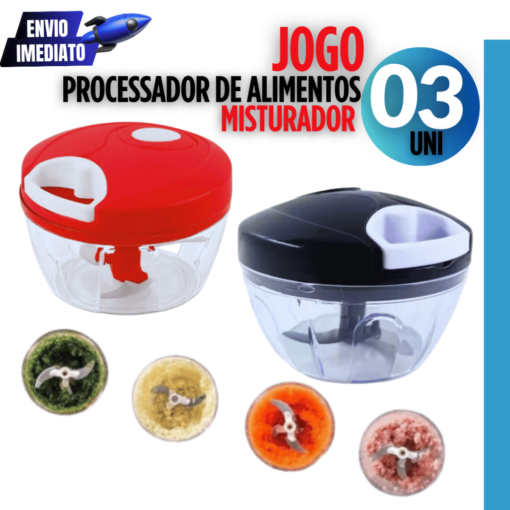 Kit 03 Unidades - Processador Misturador de Alimentos manual 500ml 3 Lâminas inox cortador para ...