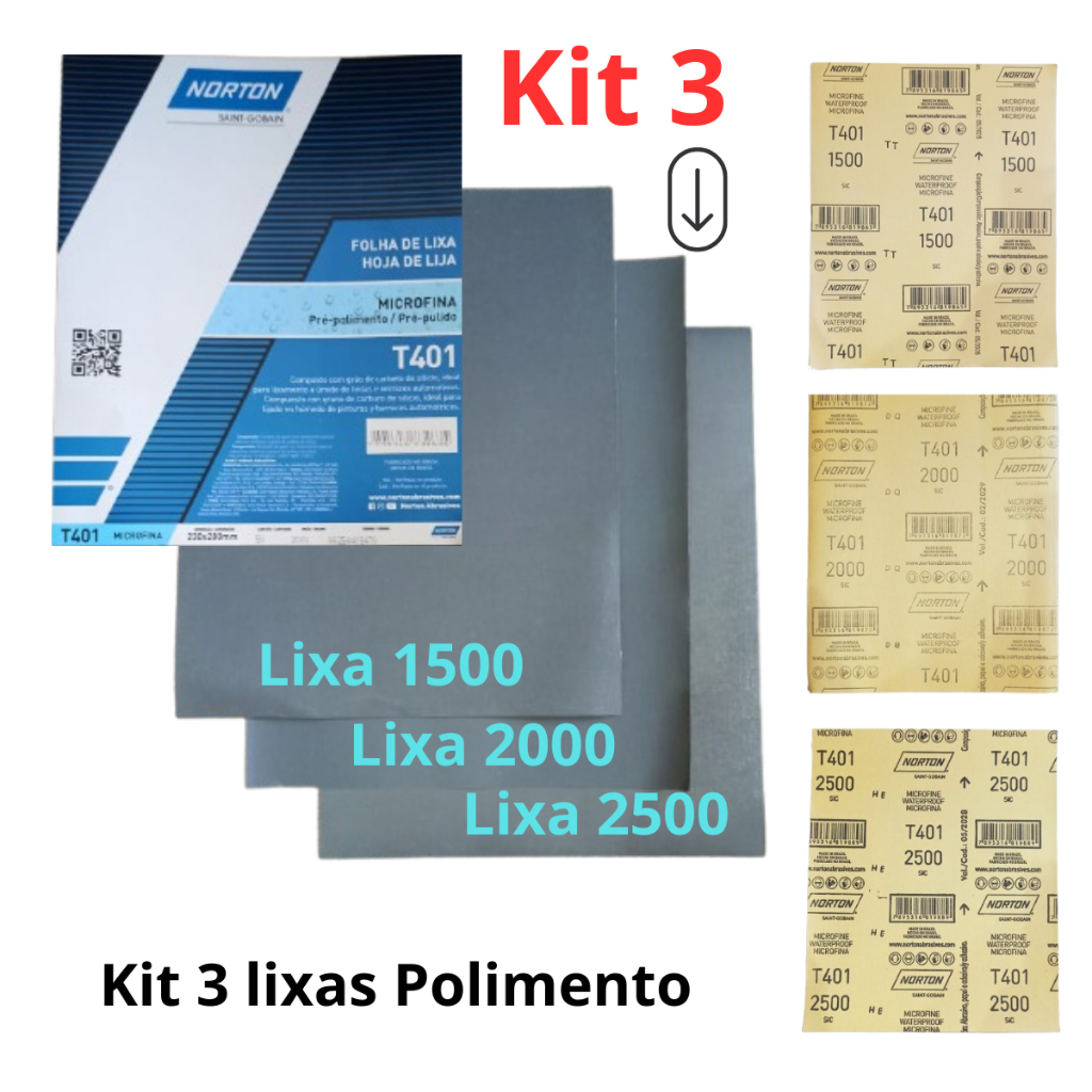 Lixa 1500 2000 2500 d'água Kit 3 Grão Norton Folhas Polimento Lixamento ...