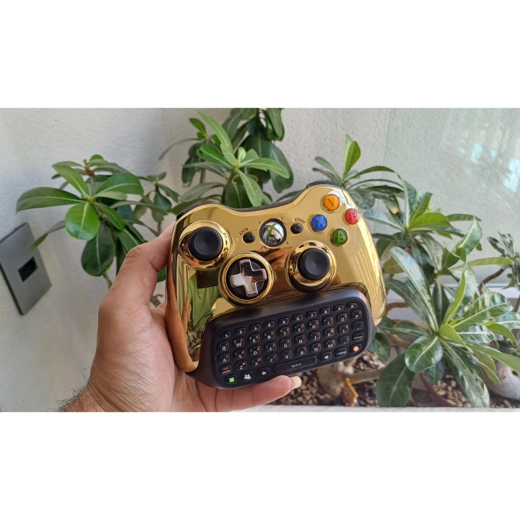 Controle Xbox360 Oficial Chrome Gold + Chatpad Impecável Dourado RARO ...