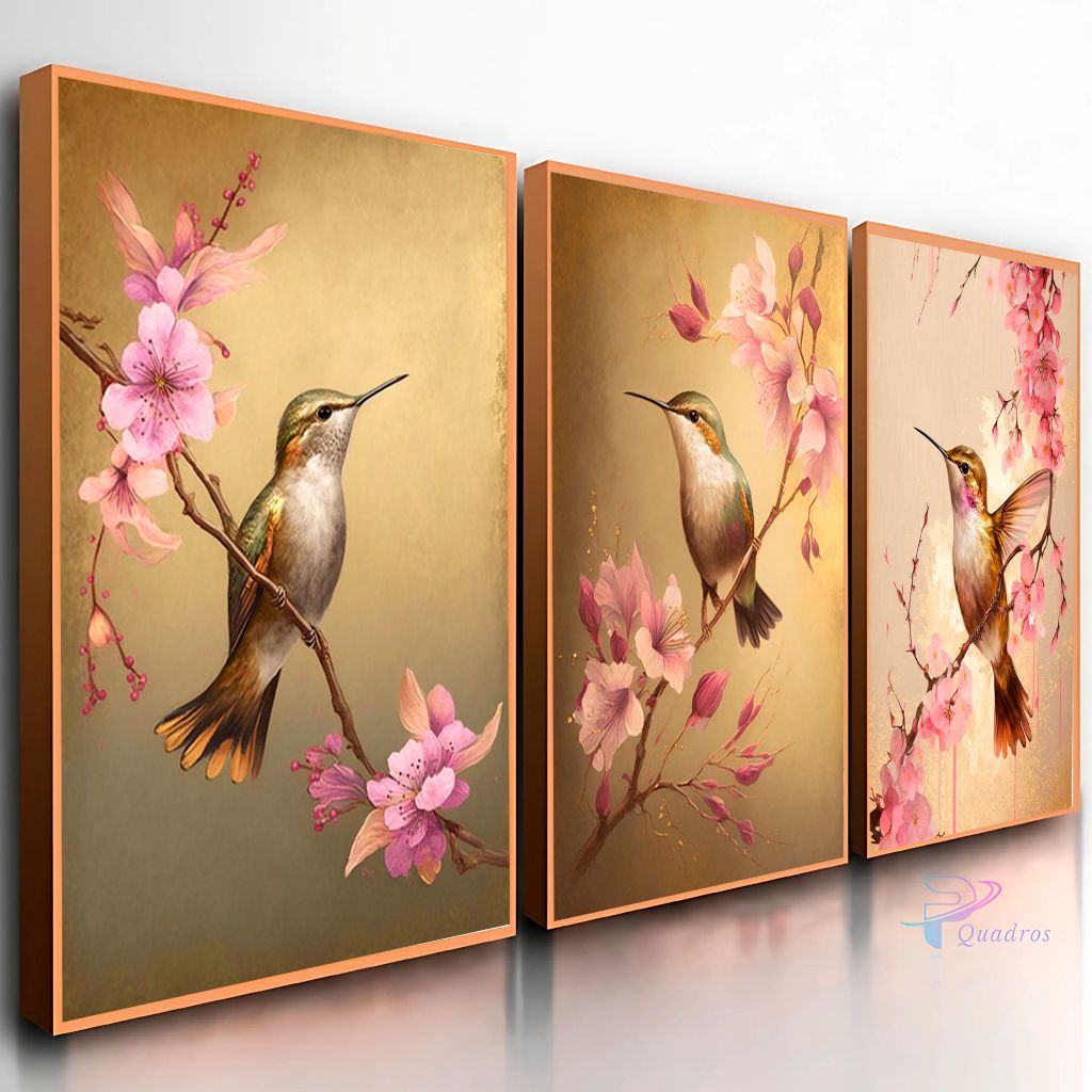 Quadros Decorativos 3 Peças Beija Flor Minimalistas Dourado Flores ...